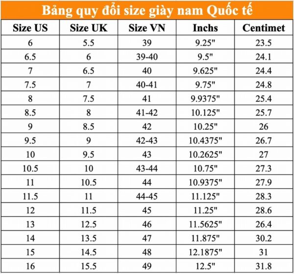 So sánh size giày EU và size Việt Nam: Bảng size giày chuẩn nhất